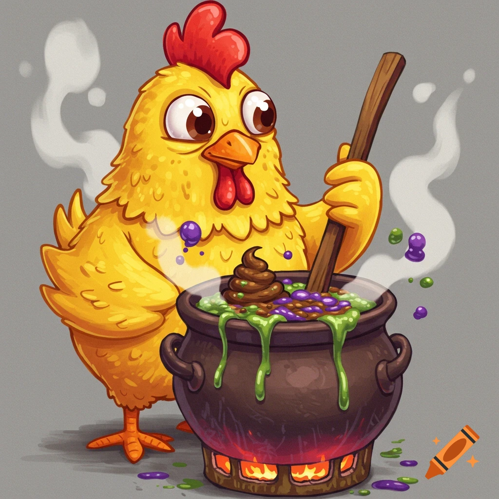 Cartoon chicken stirring a pot of bubbling green liquid and brown ...