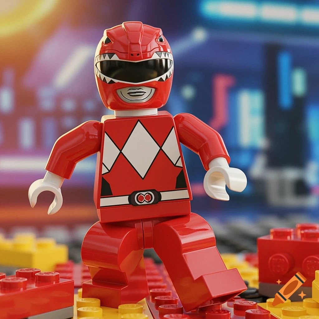 A Lego Red Power Ranger figure stands on a baseplate made of red and ...