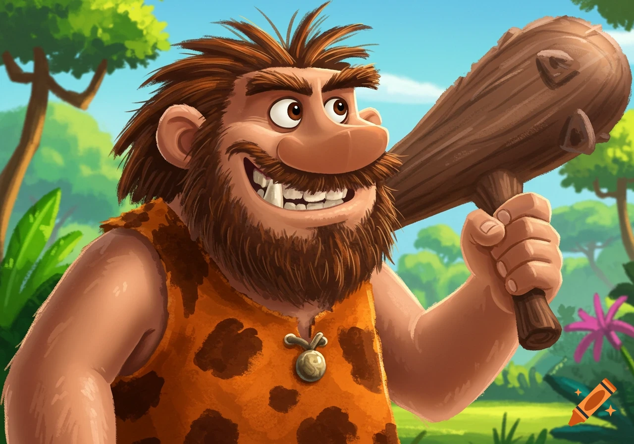 Cartoon caveman holding a club in a jungle setting. Illustration style ...