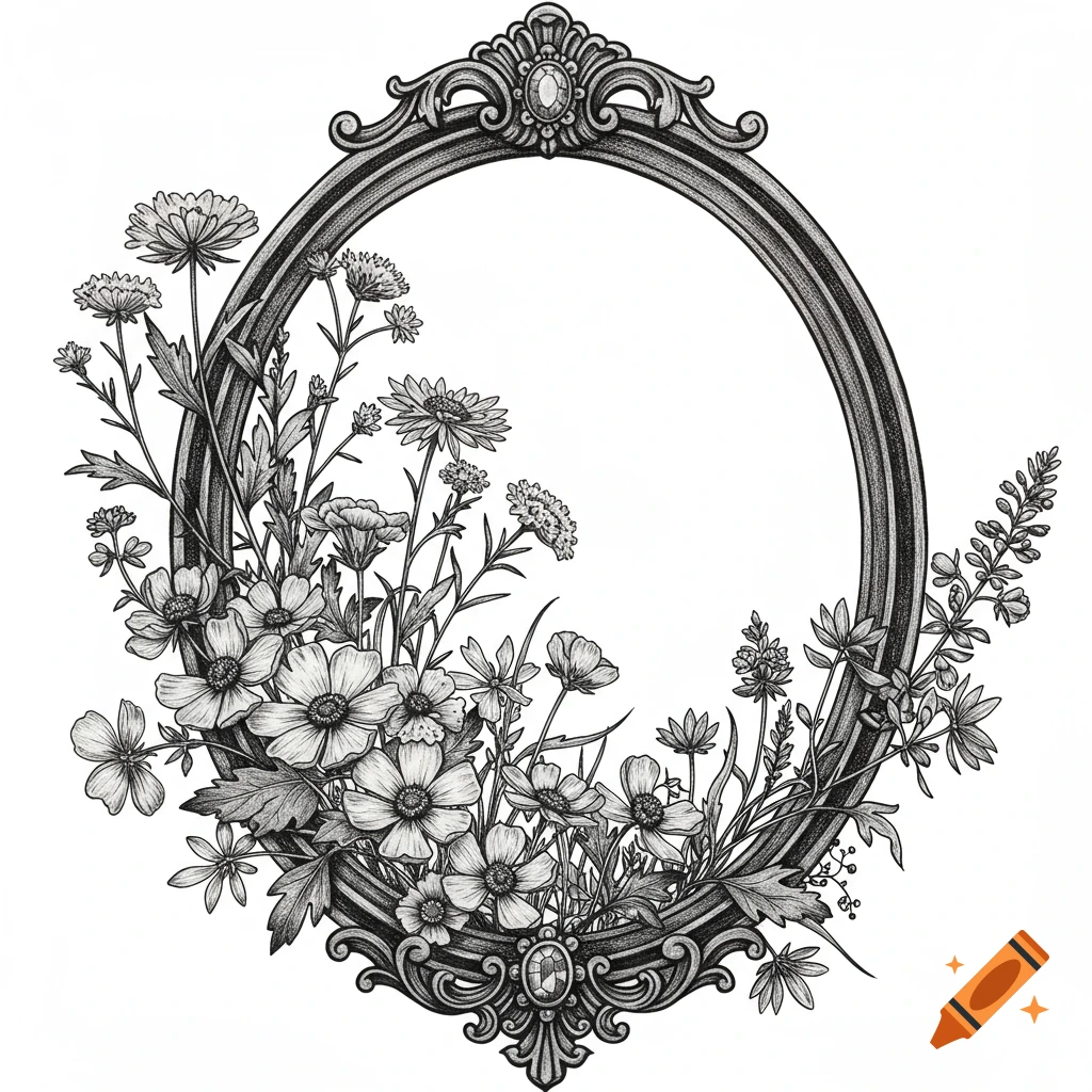 A black and white sketch of an ornate oval frame surrounded by ...