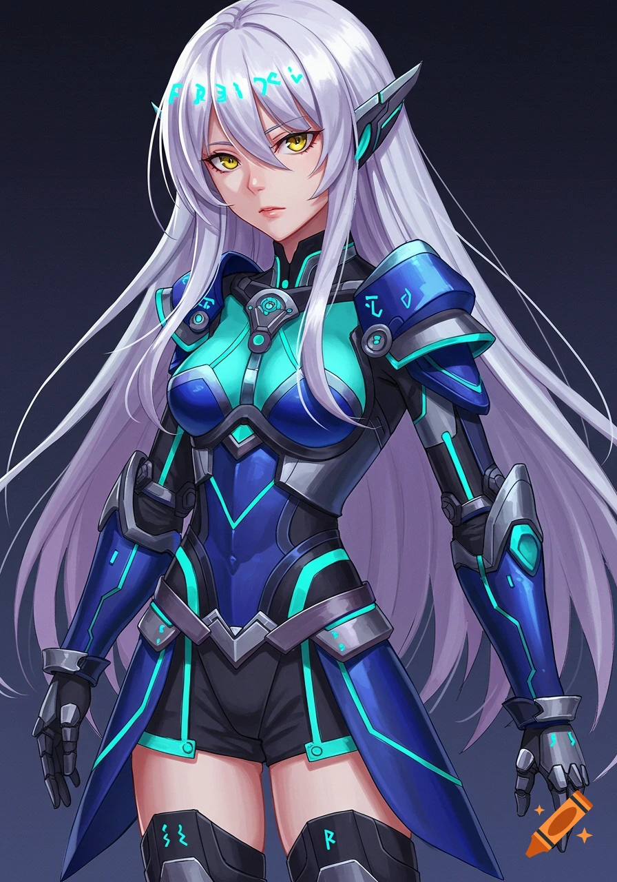 Anime woman in futuristic blue and teal armor with white hair, yellow ...
