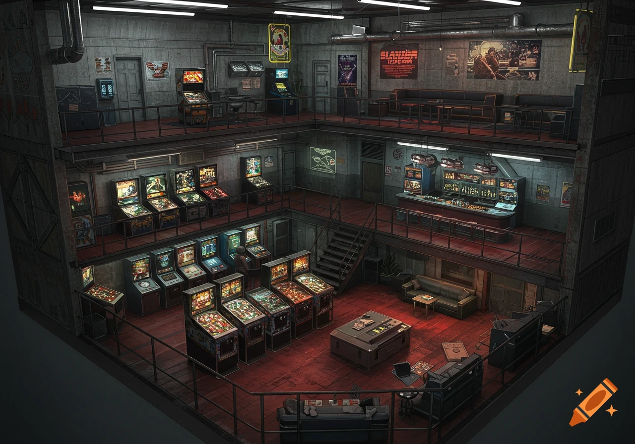 An aerial view of a two-story sci-fi arcade with pinball machines ...