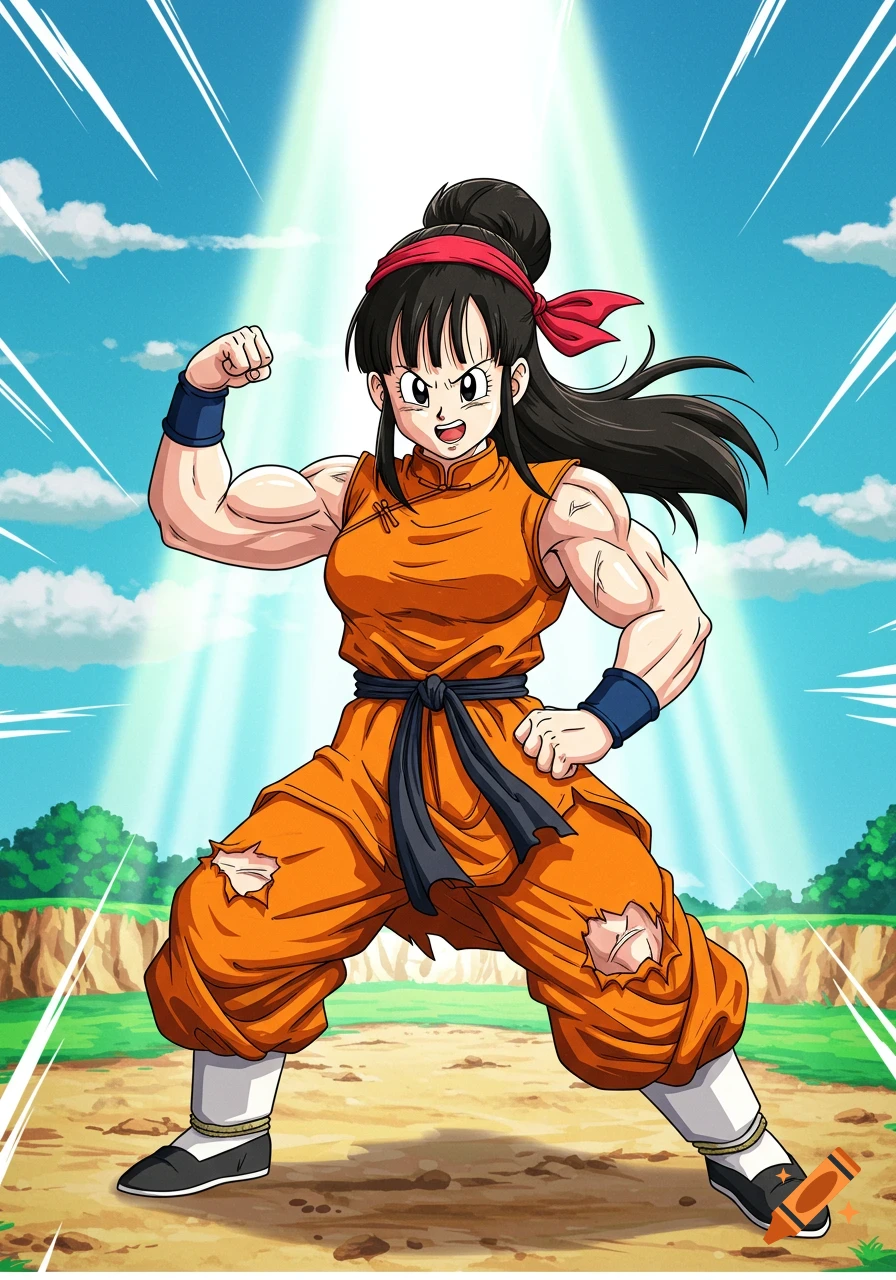 Anime character Chi-Chi flexing her bicep in an orange martial arts ...