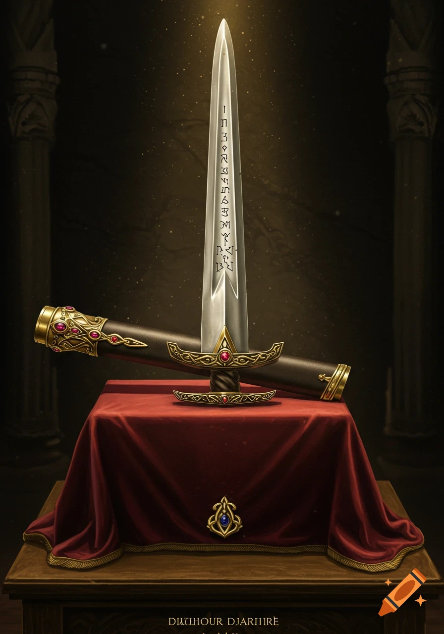 A detailed fantasy illustration of a sword with runes and scabbard on a ...