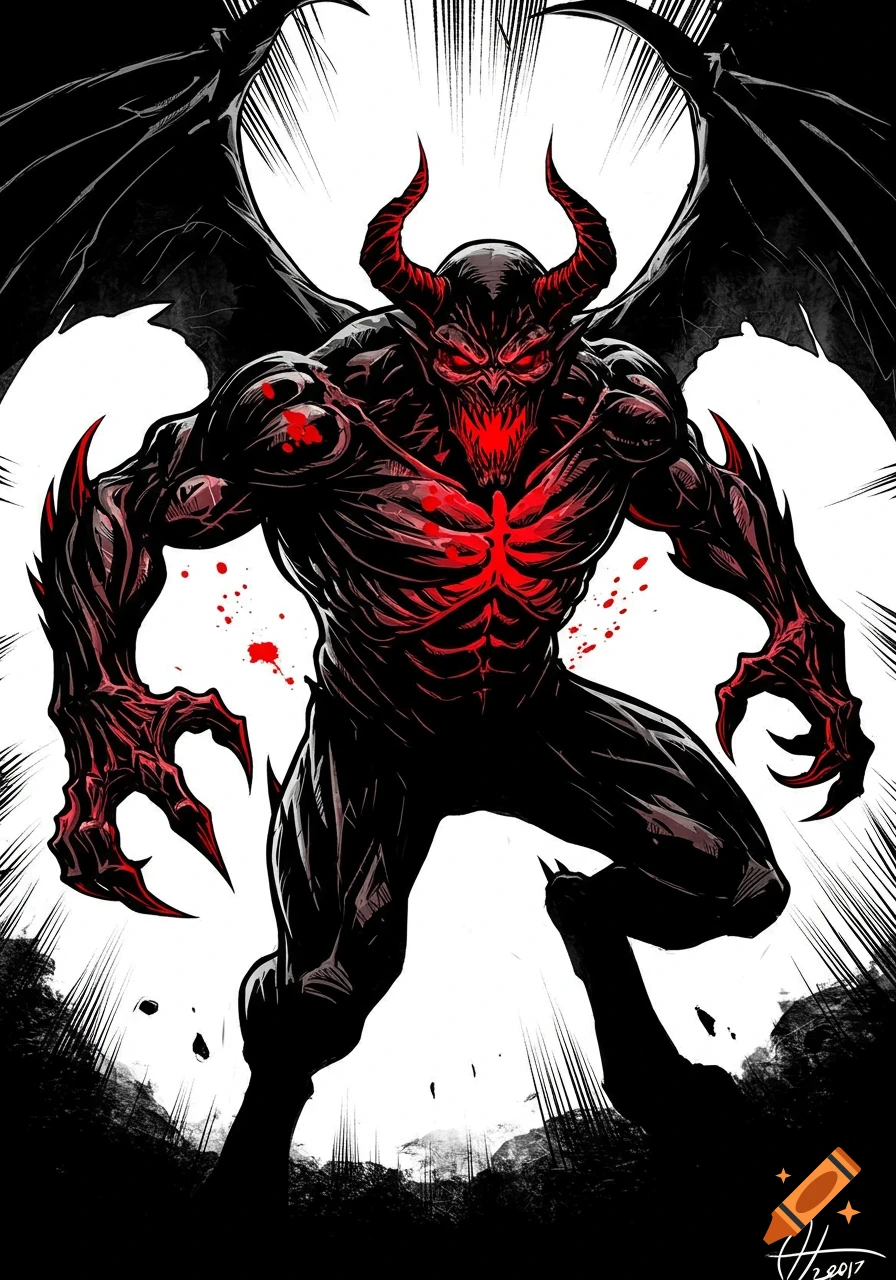 Graphic novel drawing of a black and red demon with wings and claws on ...