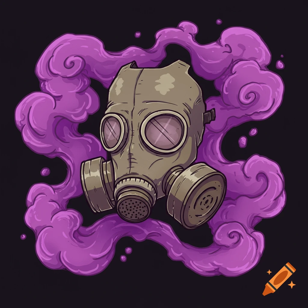 Cartoon illustration of a gas mask surrounded by purple smoke. on Craiyon