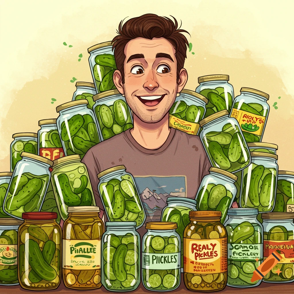 Illustration of a smiling man surrounded by many jars of pickles. on ...