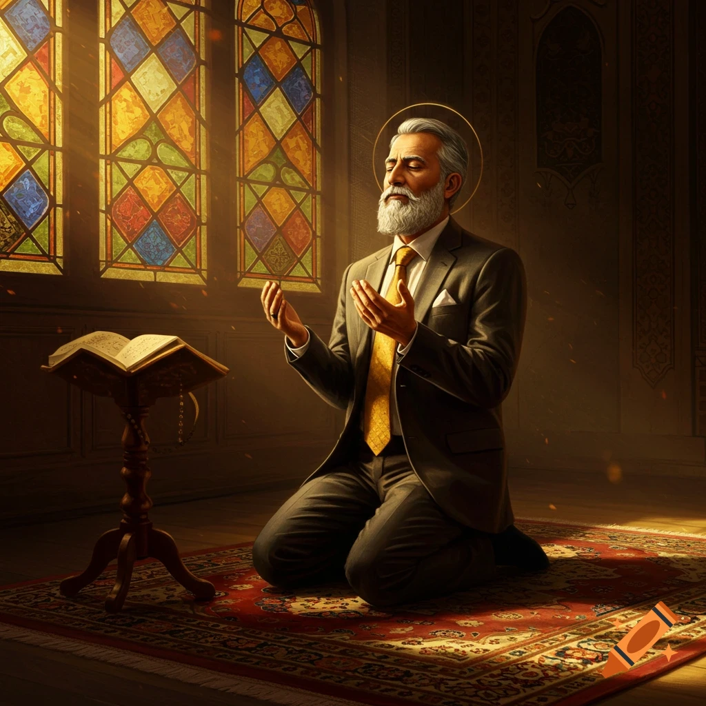 A man in a suit kneels and prays in a church with stained glass windows ...