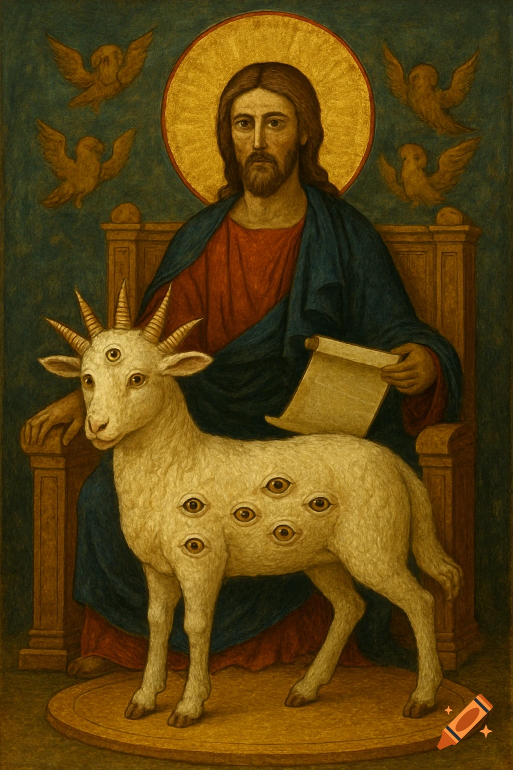 Religious painting of Jesus-like figure on throne with multi-eyed ...