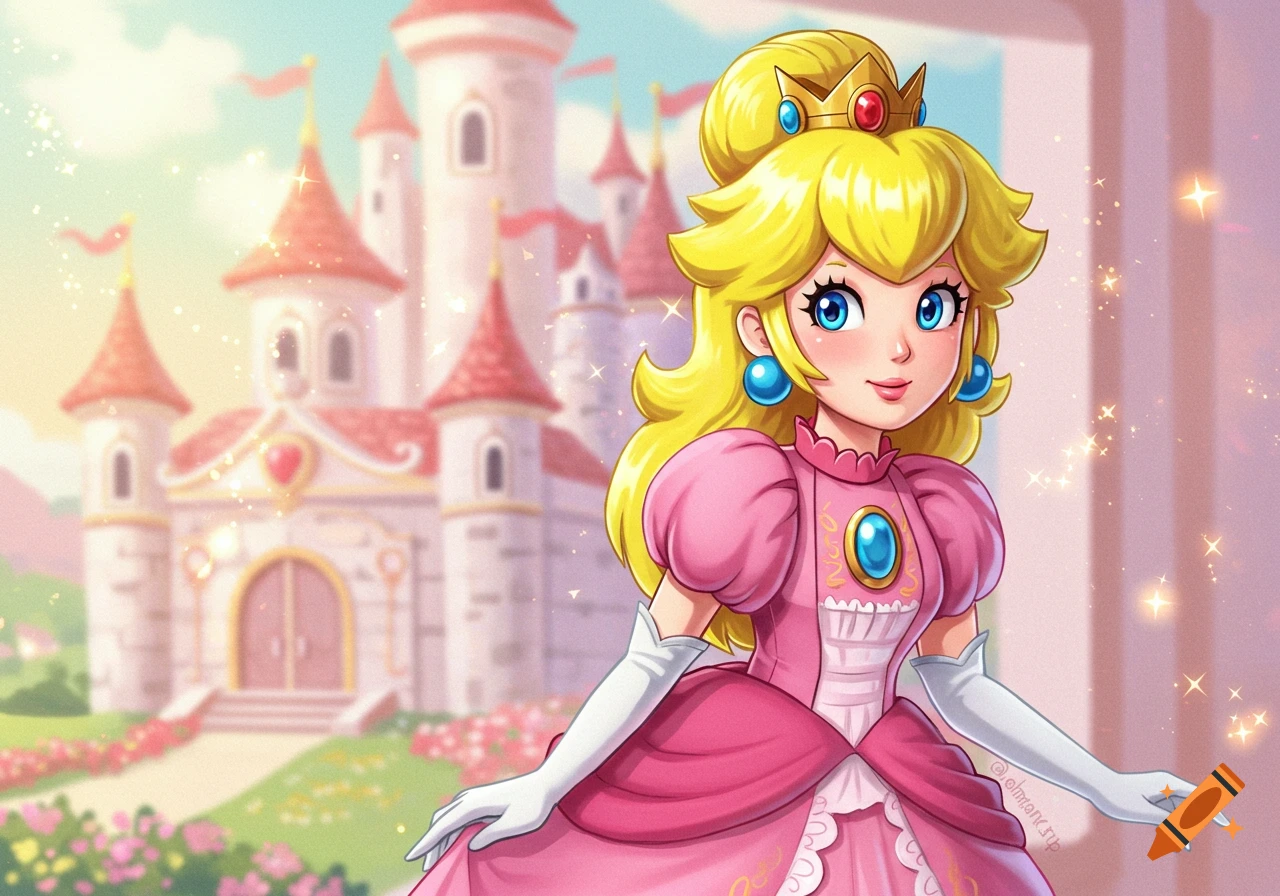 Princess Peach in a pink dress standing in front of a castle in a ...