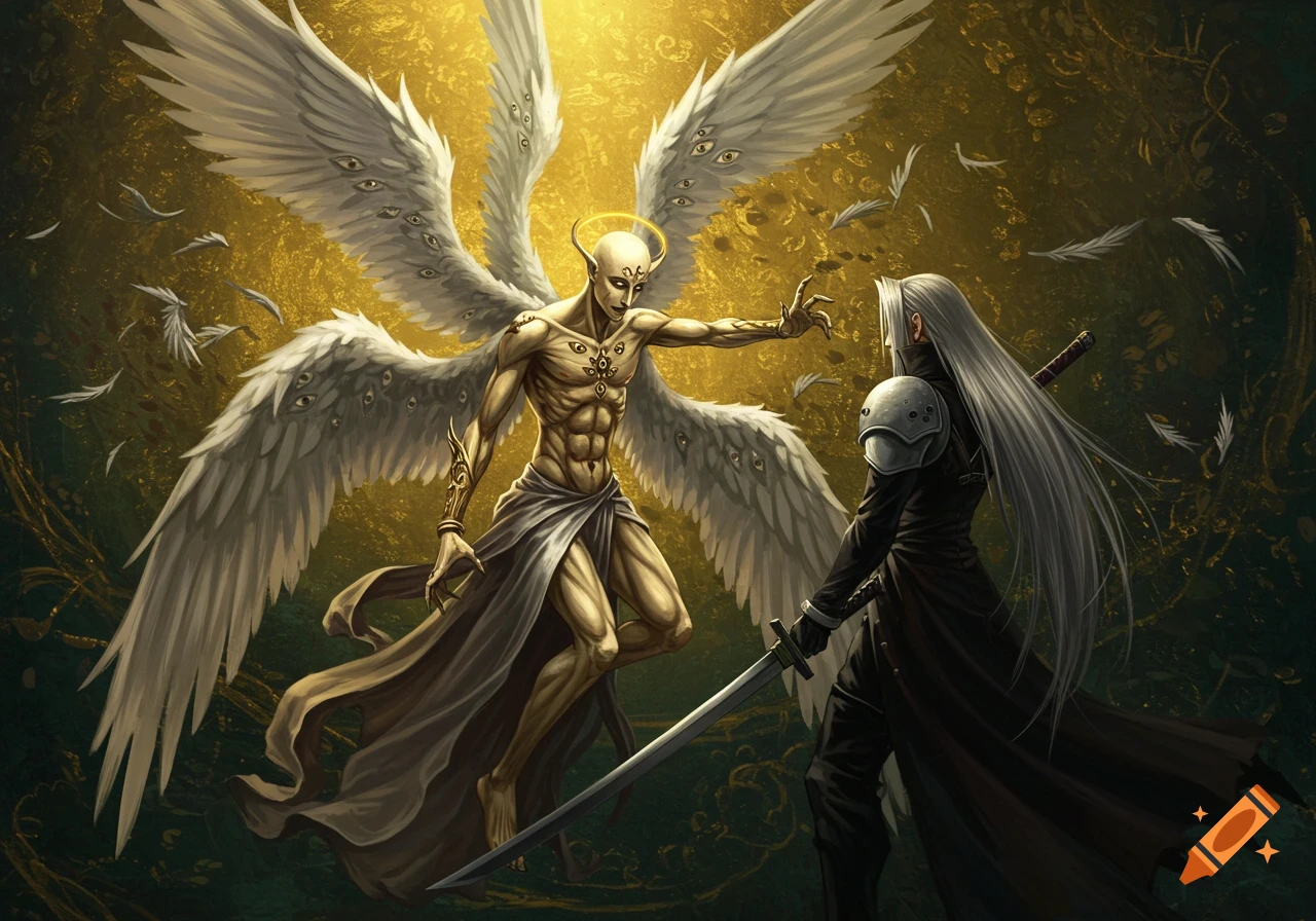 A multi-eyed angel faces off against a long-haired figure with a sword ...