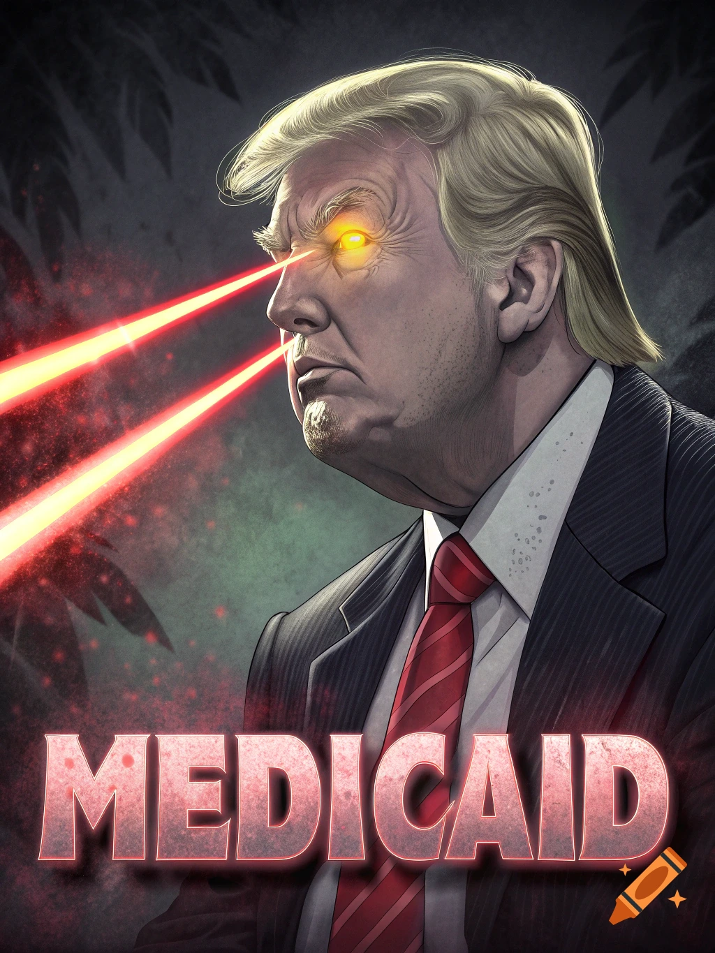 Stylized illustration of Donald Trump with red laser eyes and the word ...