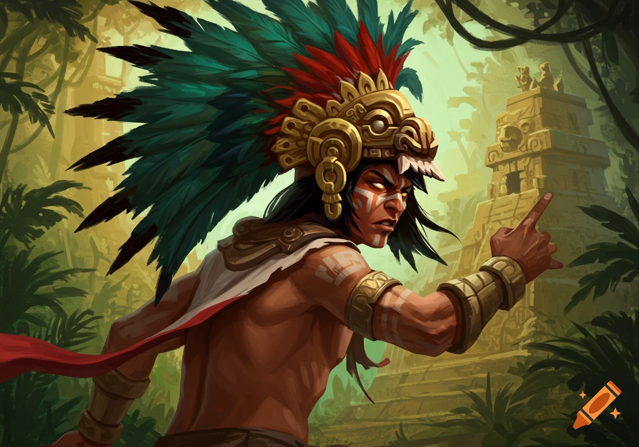 An Aztec warrior with a feathered headdress and face paint points towards a jungle temple. on ...