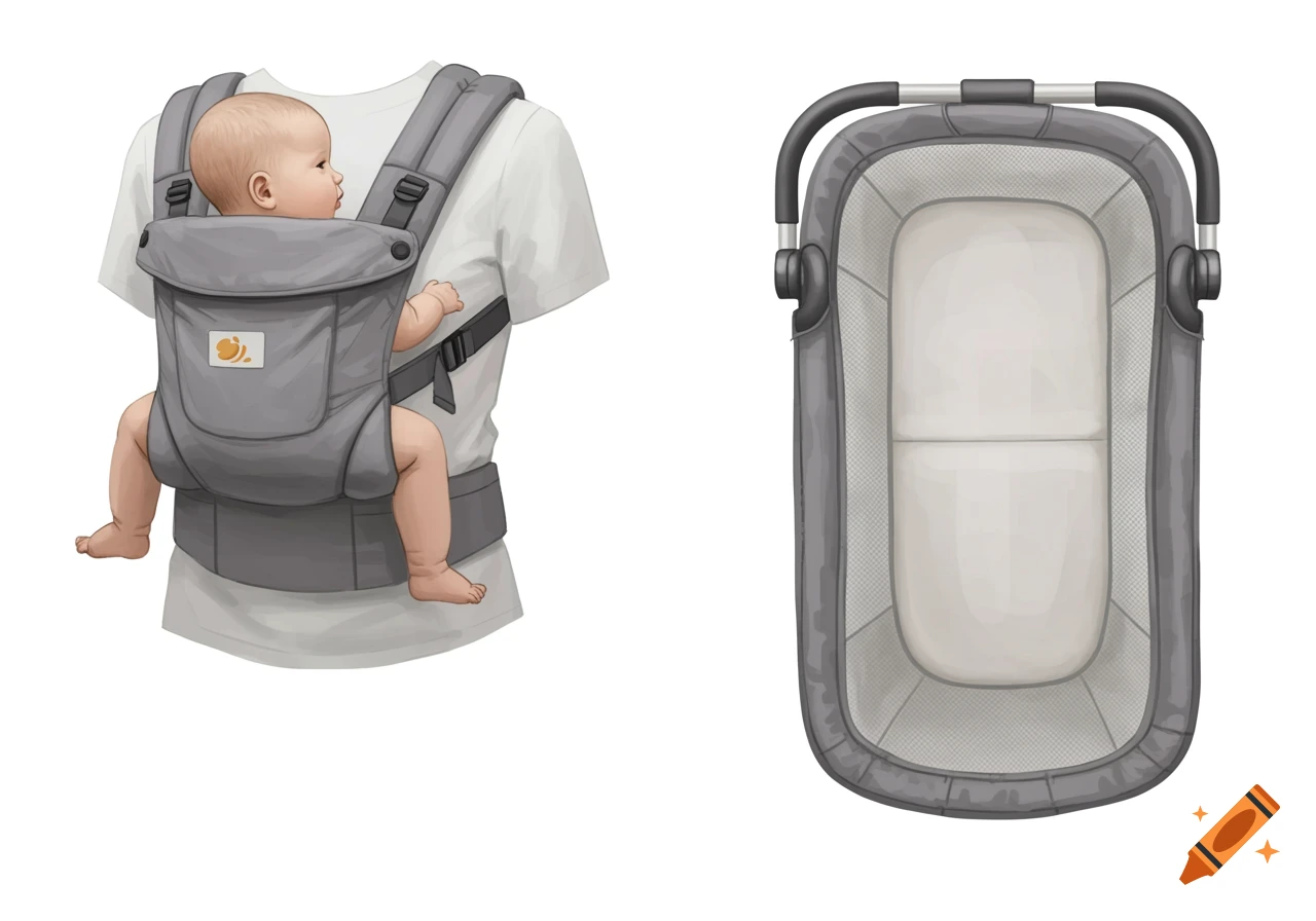 Illustration of a baby in a gray carrier on a person's chest and a gray ...