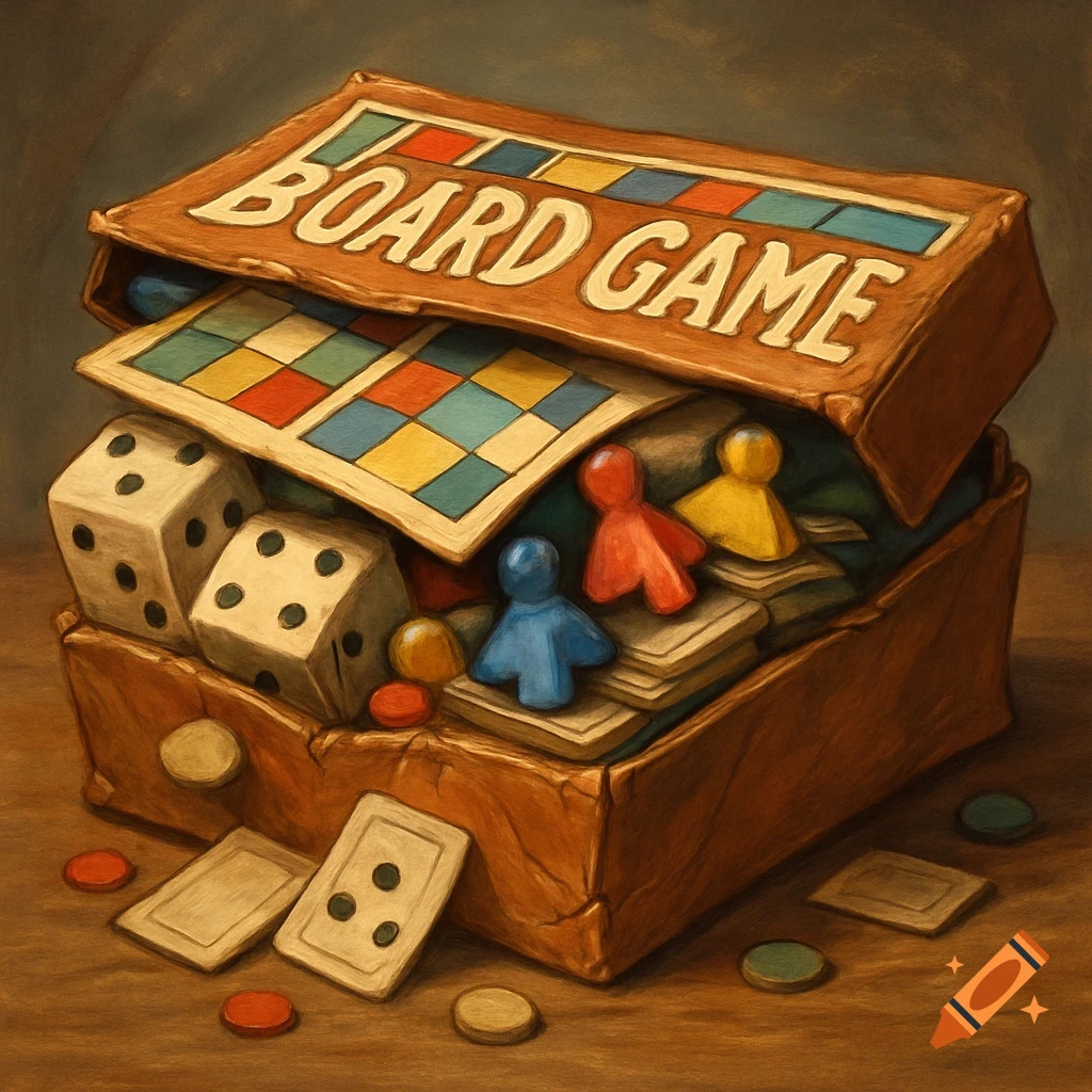 Open board game box overflowing with dice, pawns, and cards, painted ...