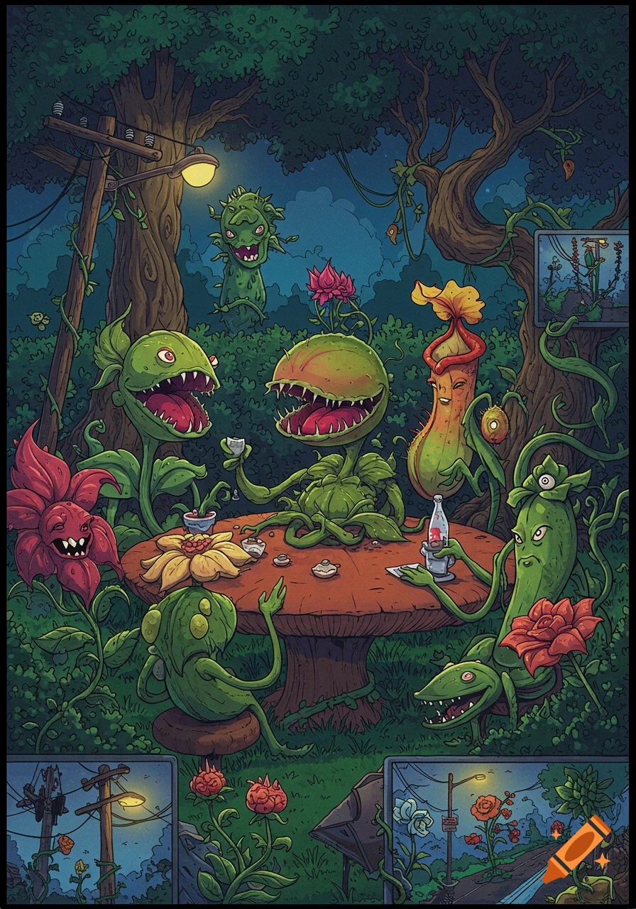 Cartoon illustration of monstrous plants plotting around a table in a ...