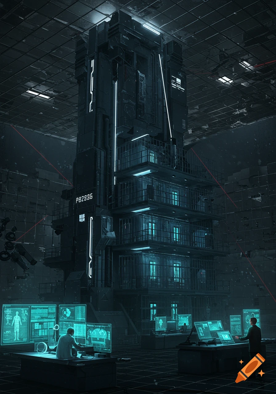 Futuristic prison building with glowing screens and people in a large ...