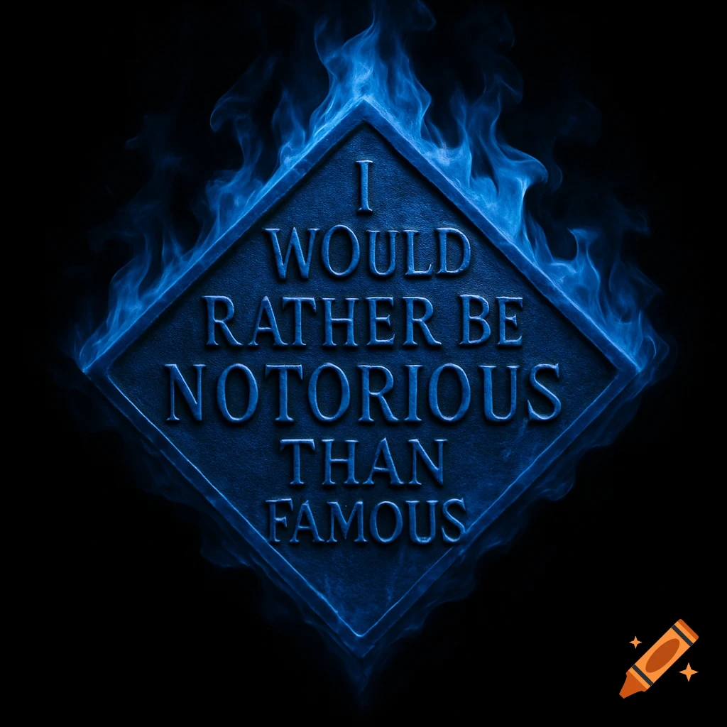 Dark blue diamond with embossed text "I WOULD RATHER BE NOTORIOUS THAN ...