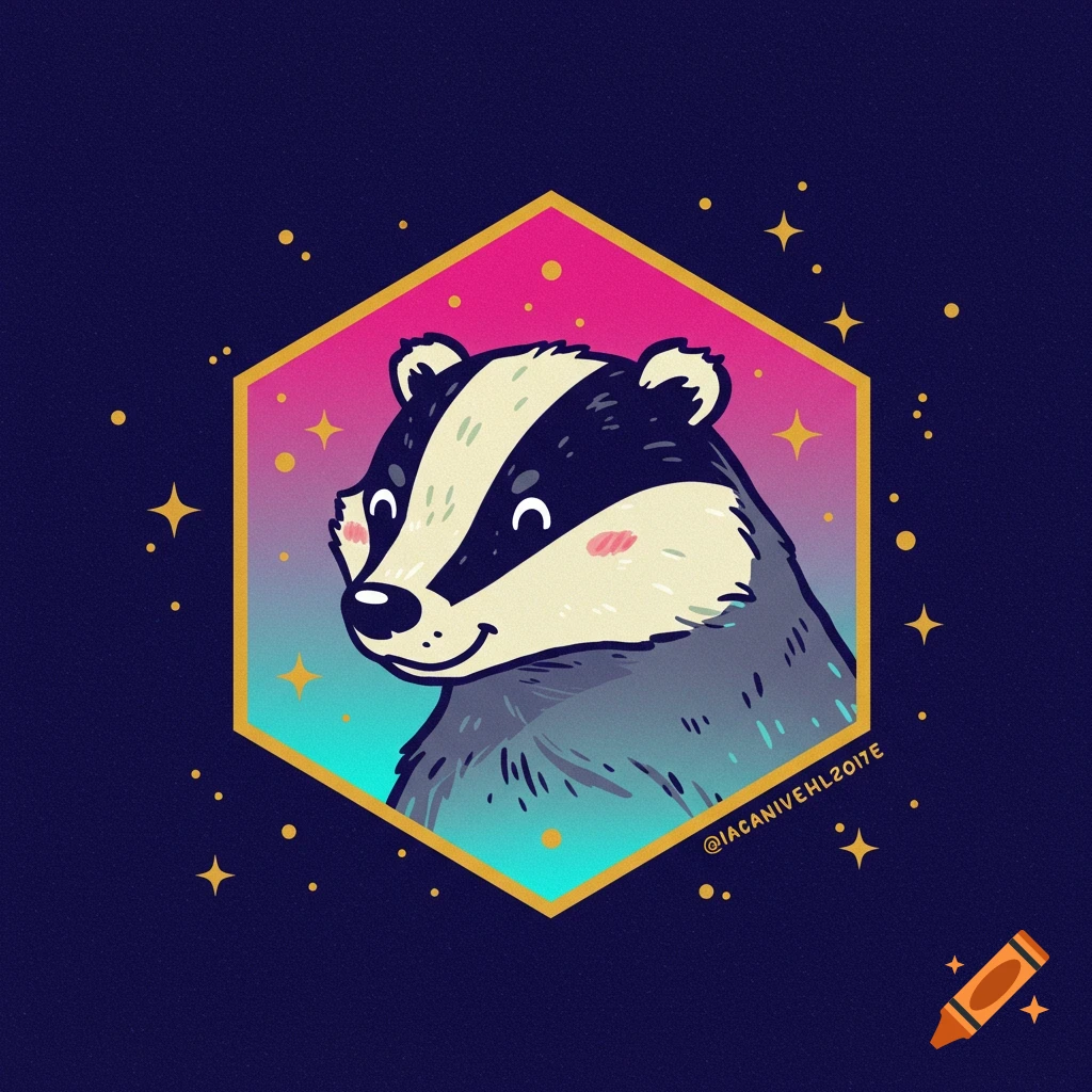 Cartoon illustration of a badger head in a hexagon with stars. on Craiyon
