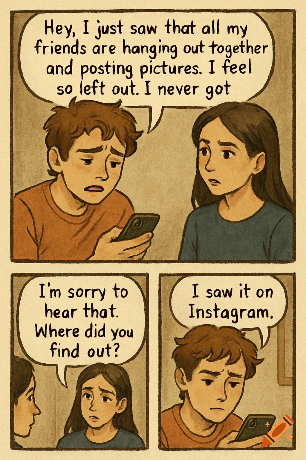 Cartoon comic panels show teenagers talking about seeing friends on ...