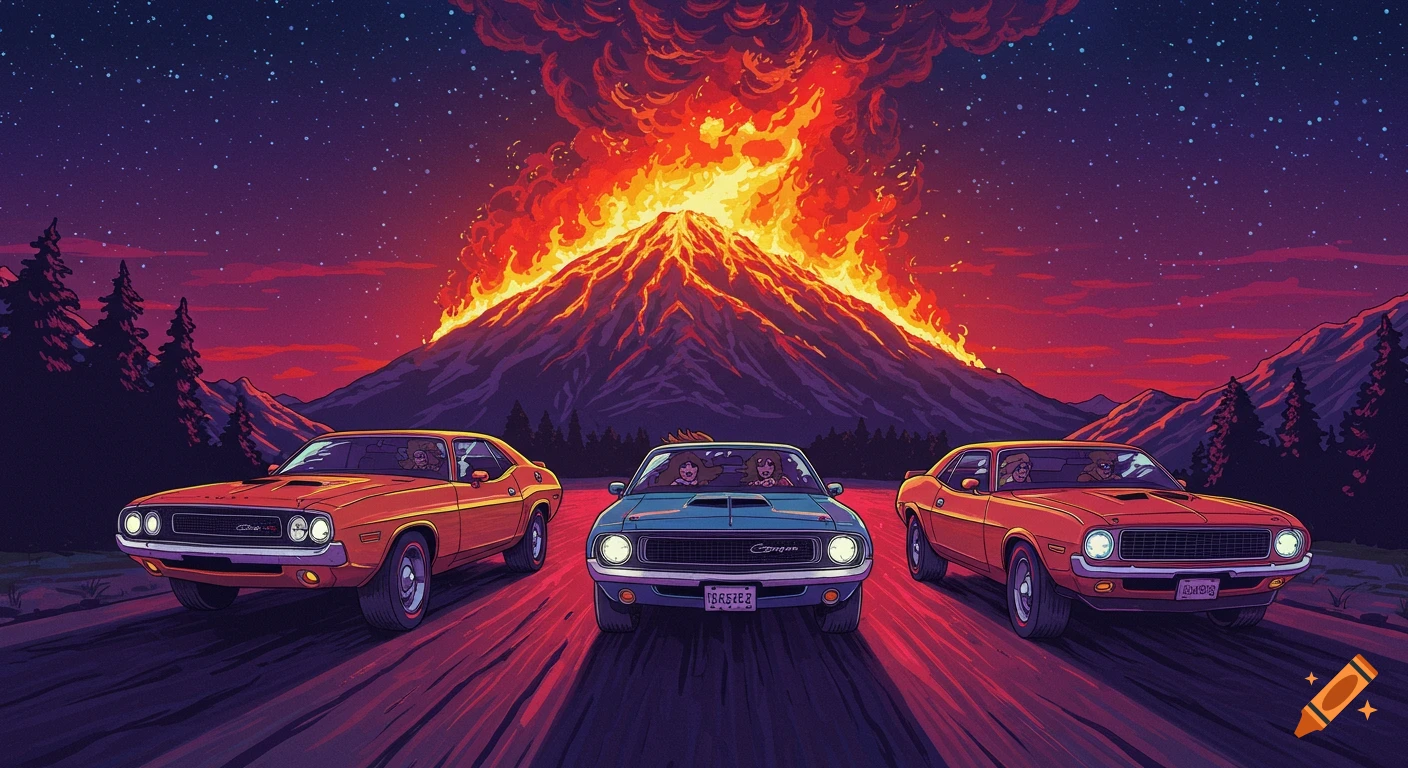 Illustrated muscle cars drive towards a fiery volcano under a starry ...