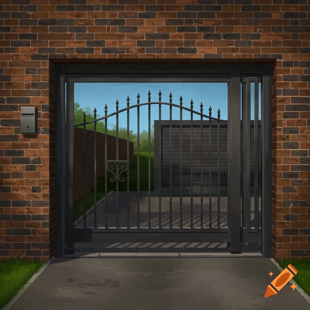 Brick wall with a black metal driveway gate and a separate pedestrian ...