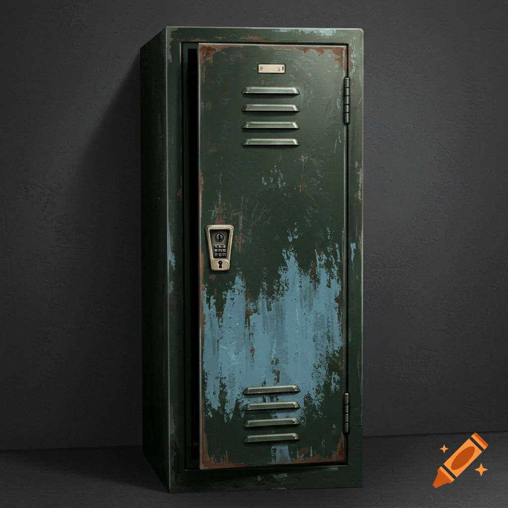 A dark green metal locker with peeling paint and rust against a dark ...