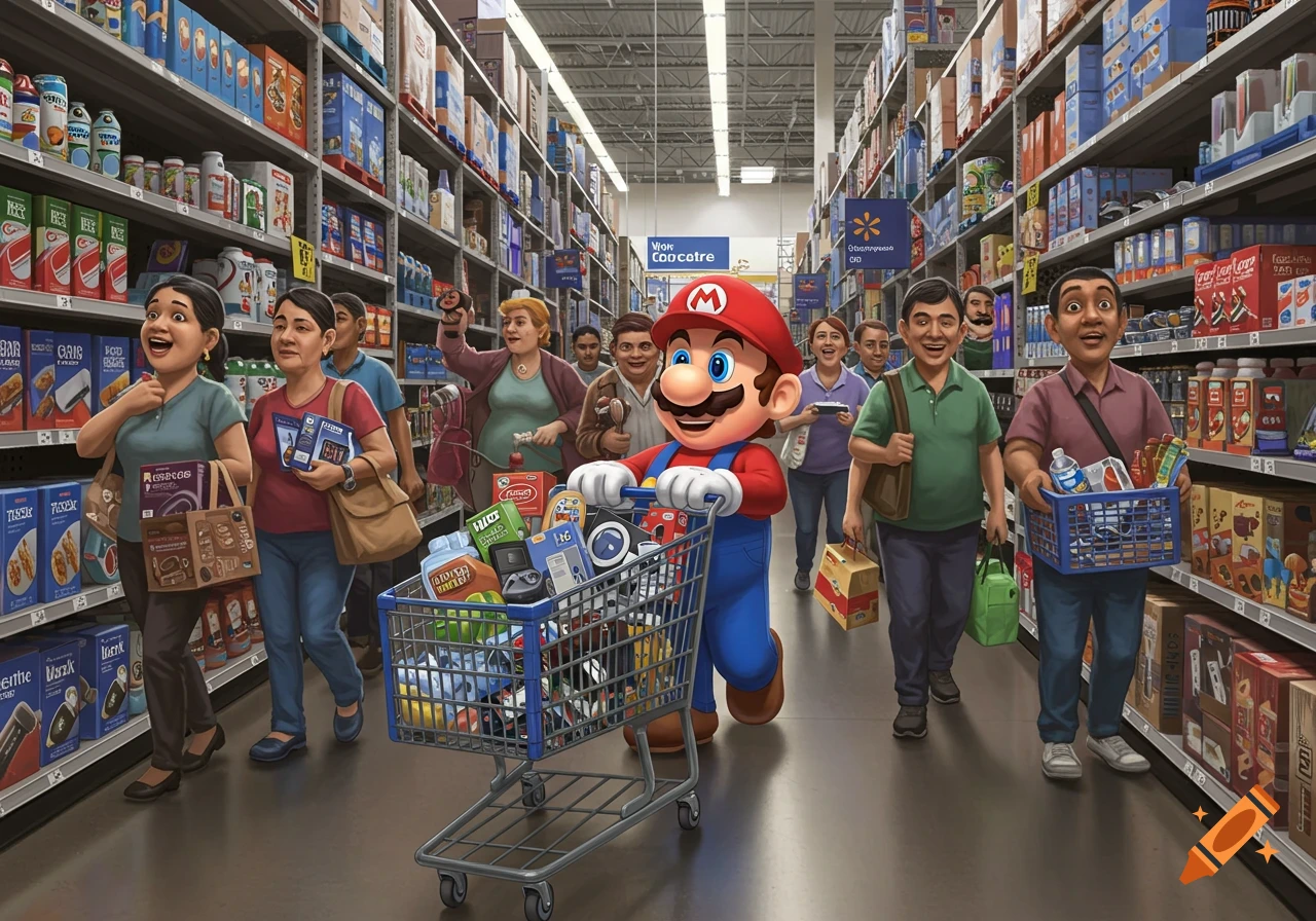 Mario pushing a full shopping cart through a busy supermarket aisle in ...