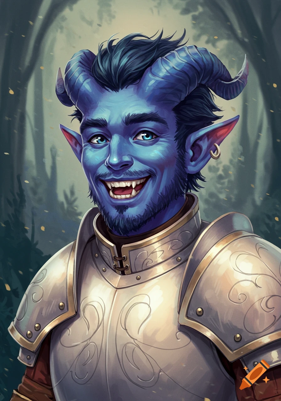 A smiling blue tiefling in armor, digital illustration. on Craiyon
