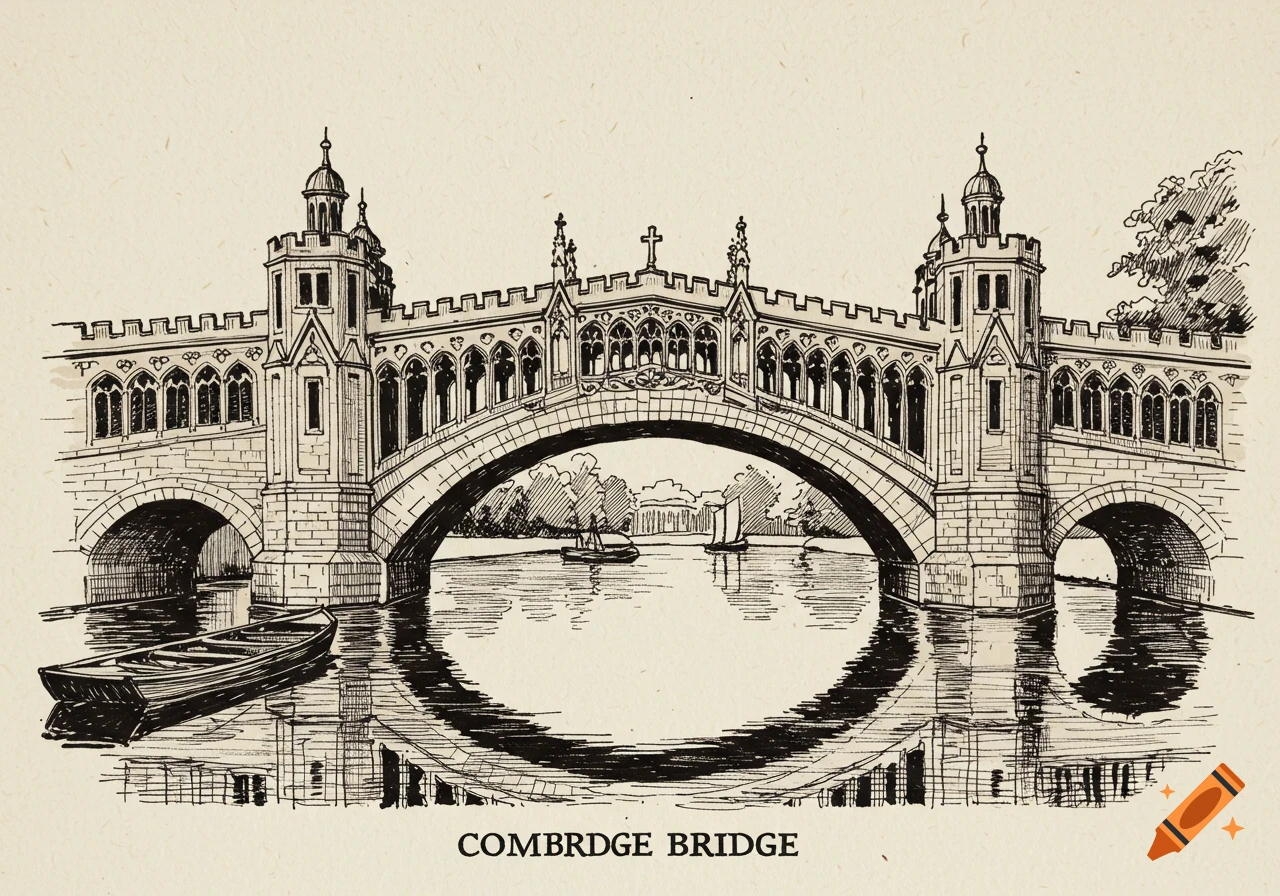 Ink pen drawing of a bridge over a river with boats. on Craiyon