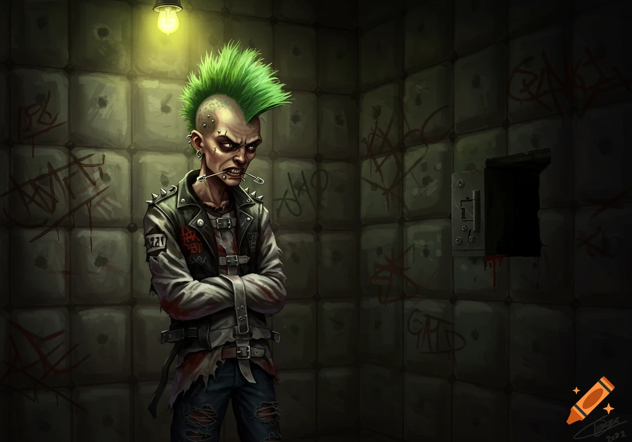 Illustration of a punk rocker in a straitjacket standing in a padded ...