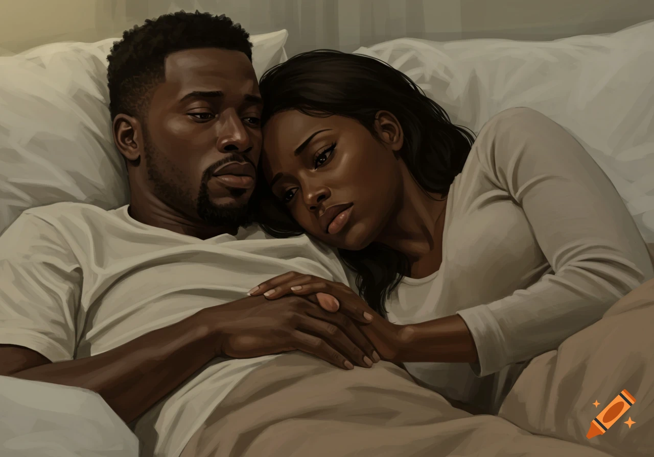 Close-up of a Black couple in bed holding hands, showing intimacy. on Craiyon