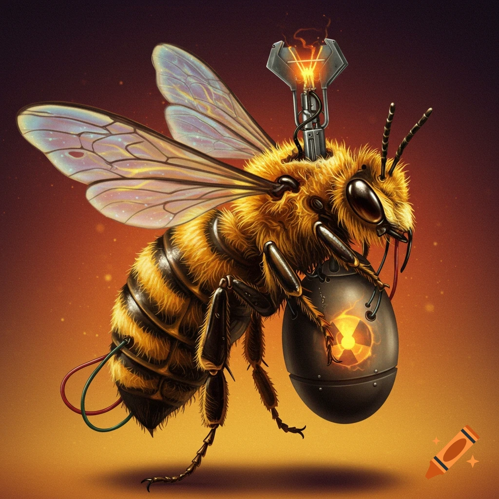 Detailed illustration of a mechanical bee carrying an atomic bomb. on ...