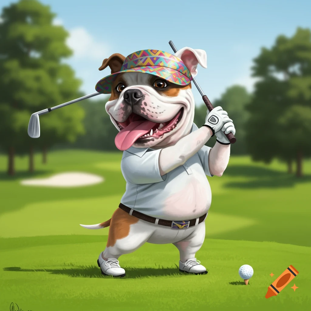 A cartoonish white and brown American bulldog wearing a visor and shirt ...