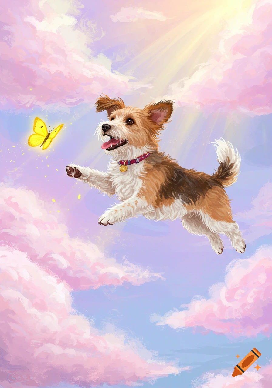 A brown and white dog flies in a pastel sky, chasing a yellow butterfly ...