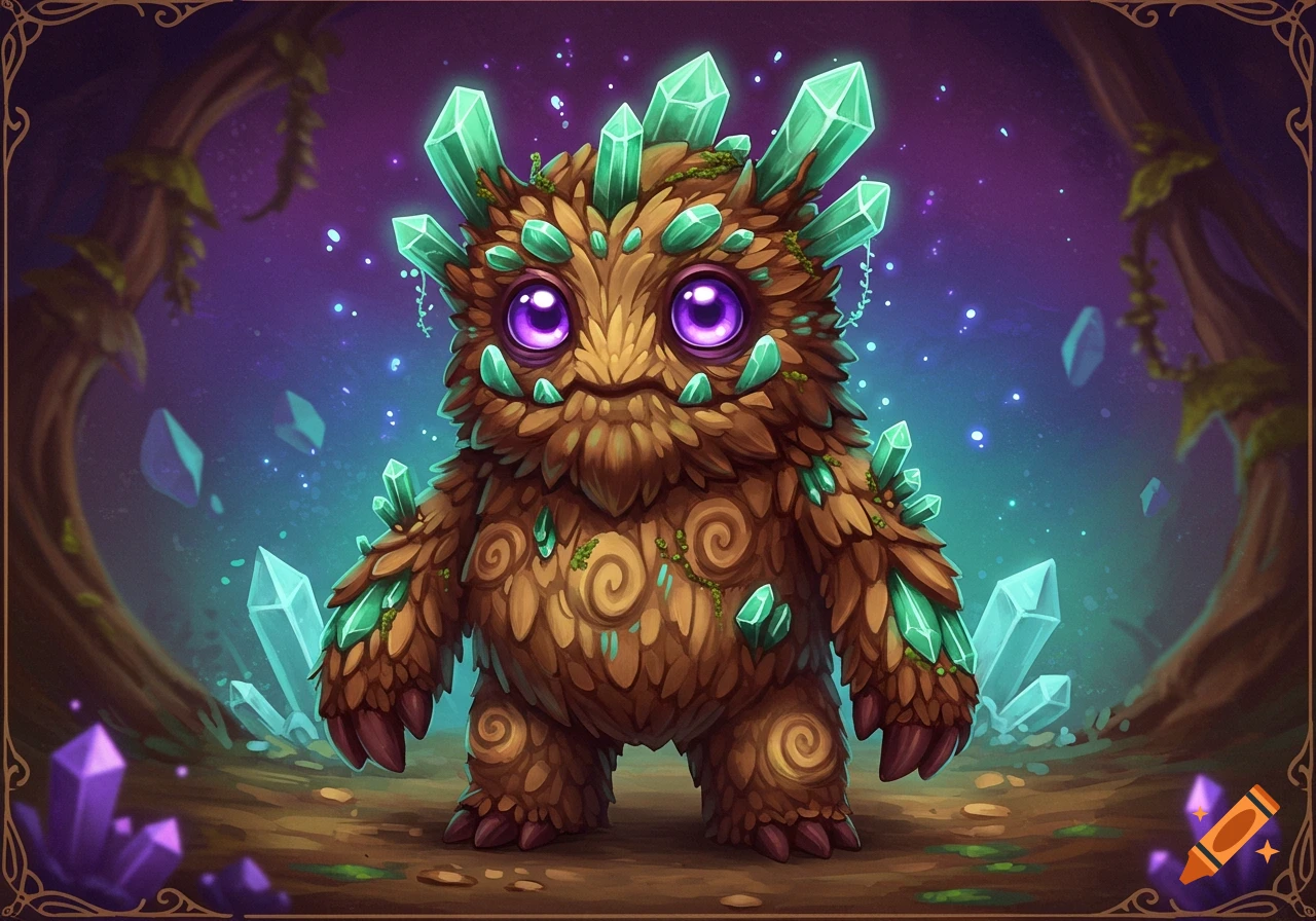 Cute furry fantasy monster with purple eyes and green crystals in a ...