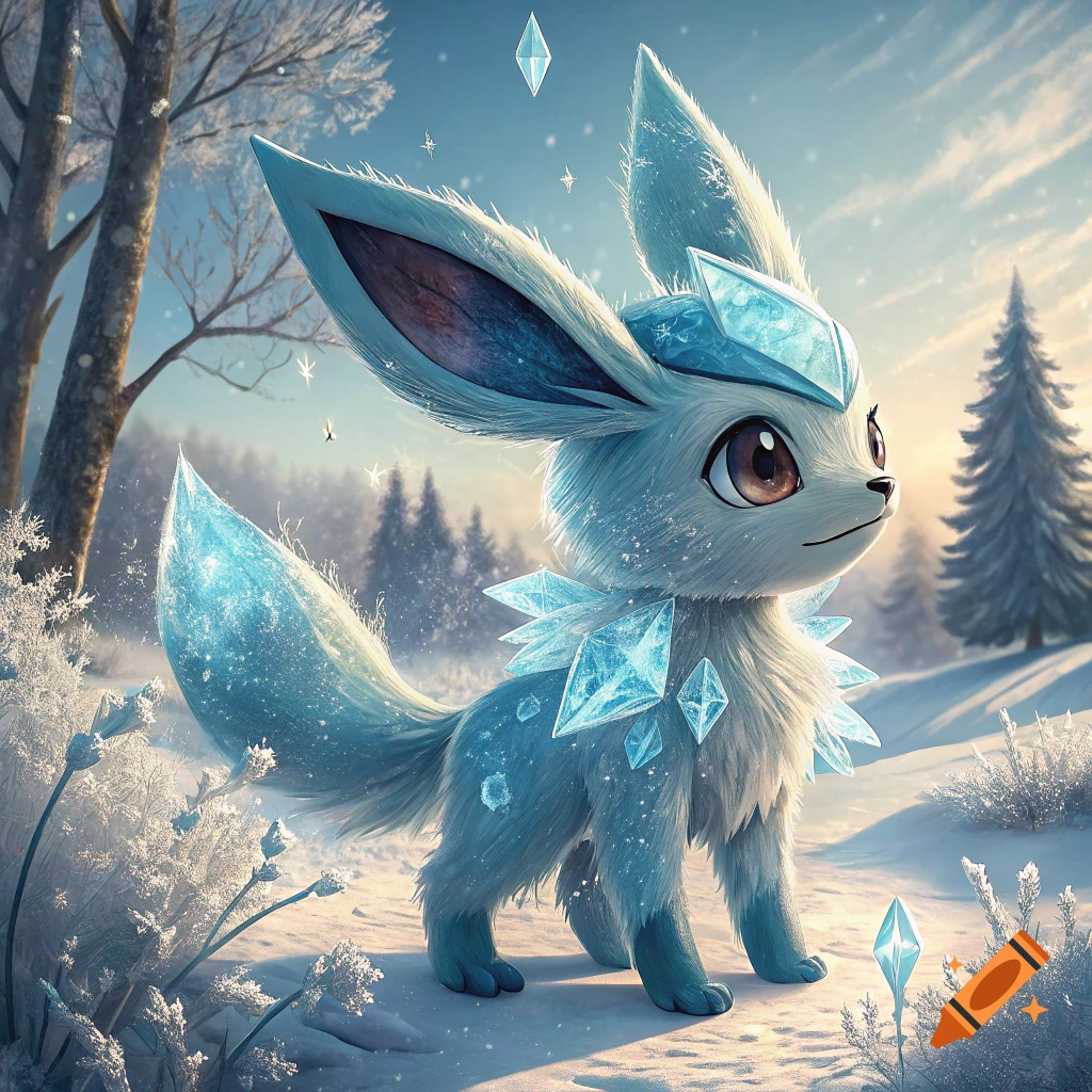 A fantasy ice creature resembling Glaceon stands in a snowy winter ...