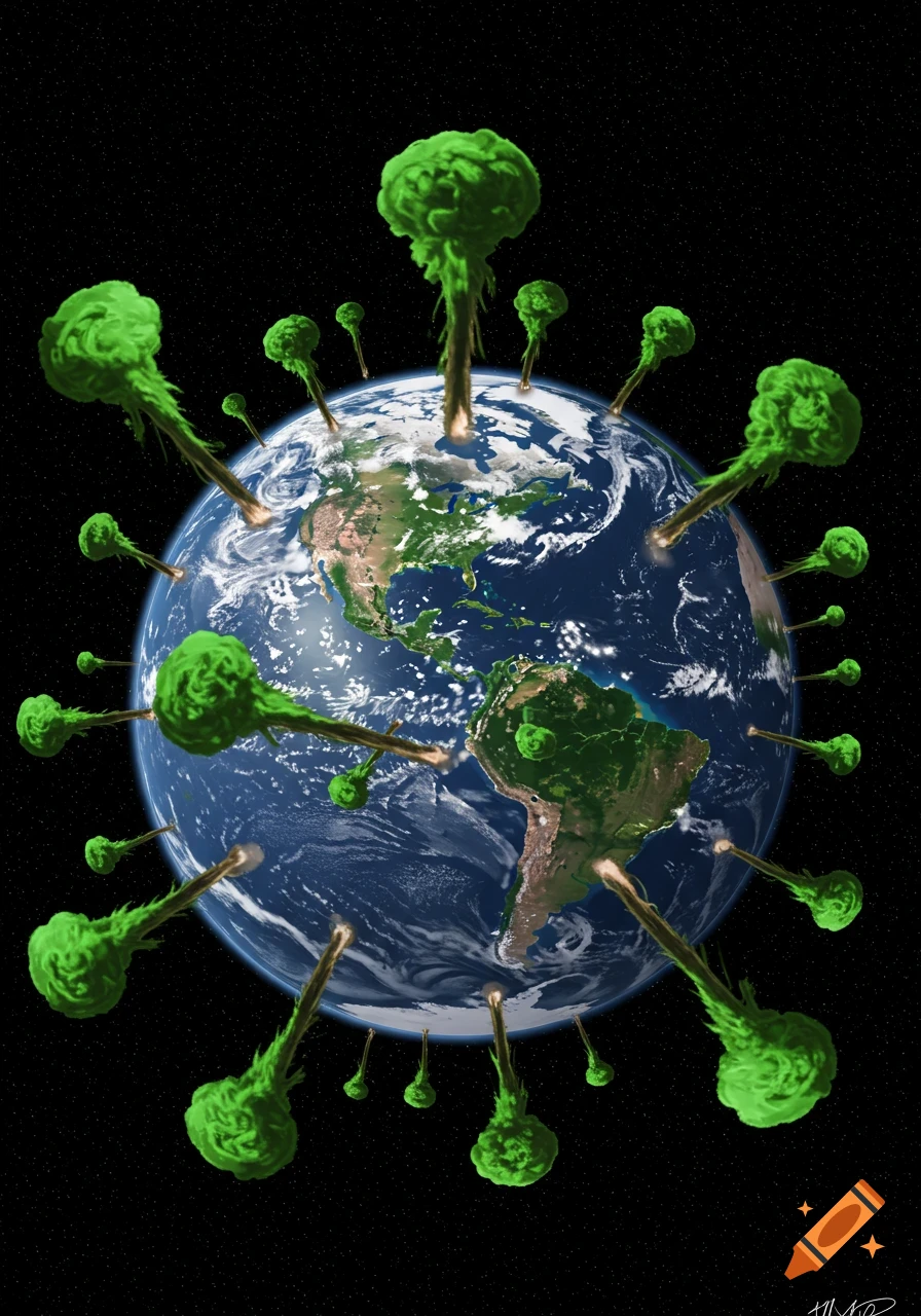 Stylized illustration of Earth in space with green mushroom cloud ...