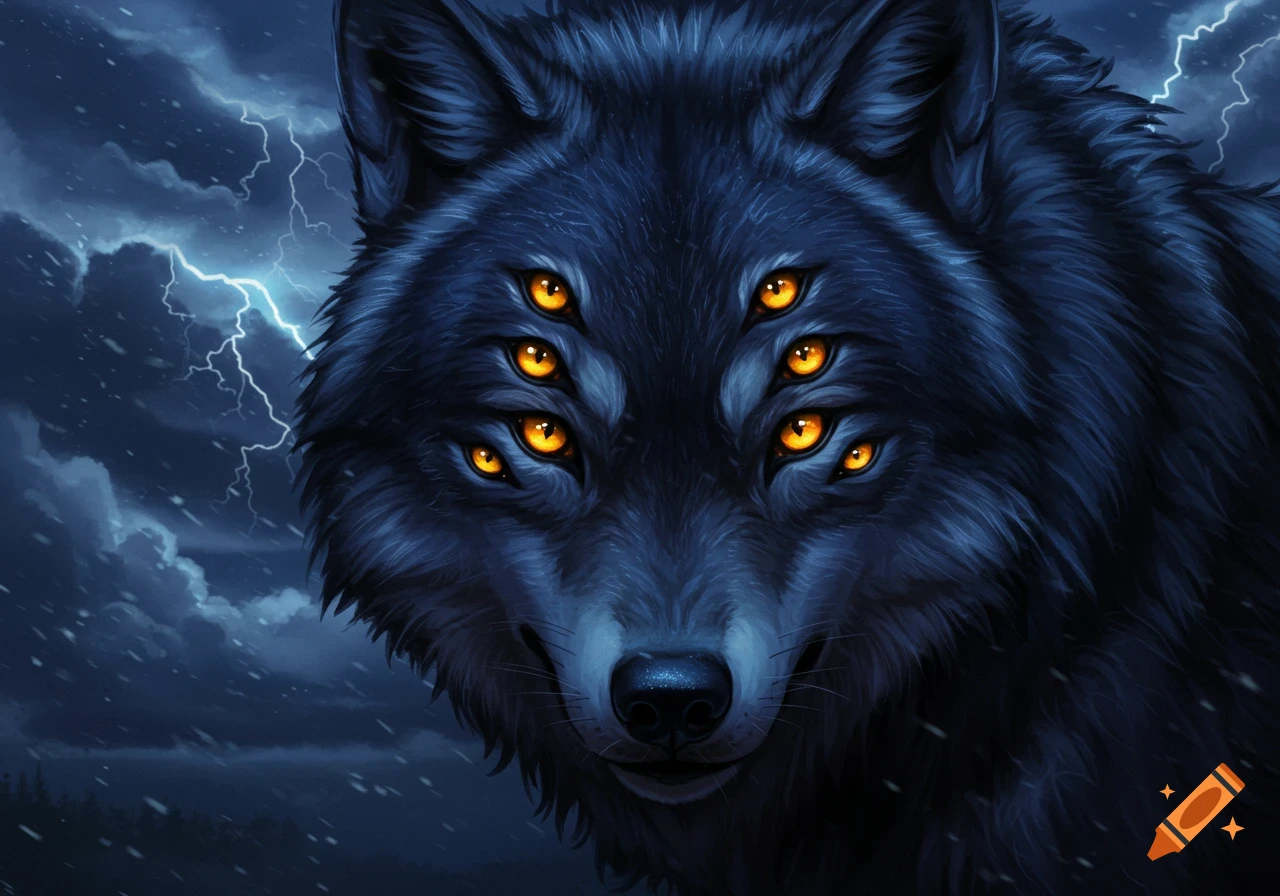 Illustration of a dark wolf with six glowing orange eyes in a stormy ...
