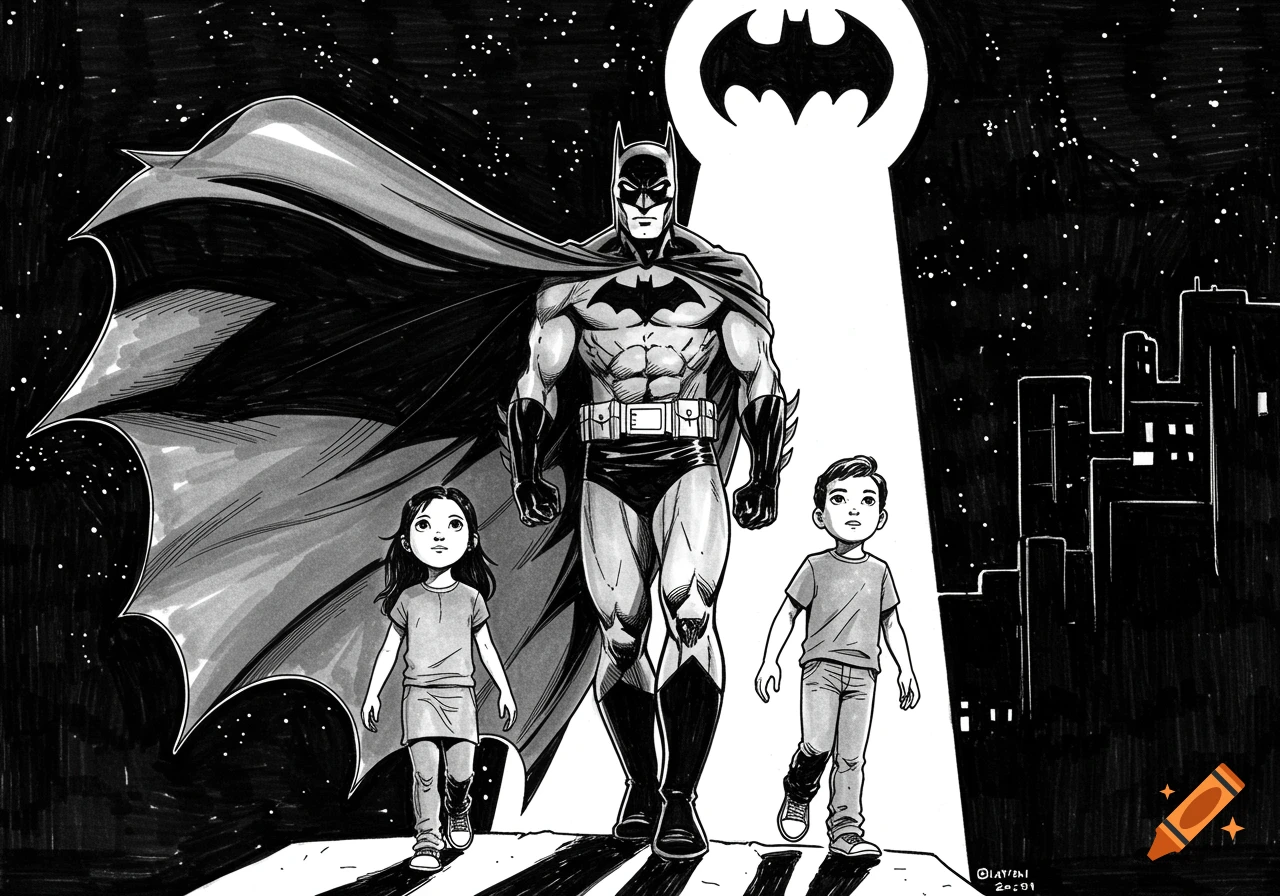 Black and white comic drawing of Batman walking with a boy and girl ...