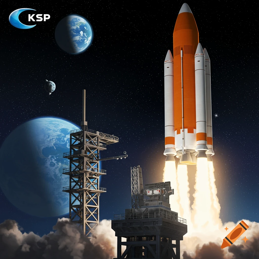 A large orange and white rocket launches from a tower into space, with ...