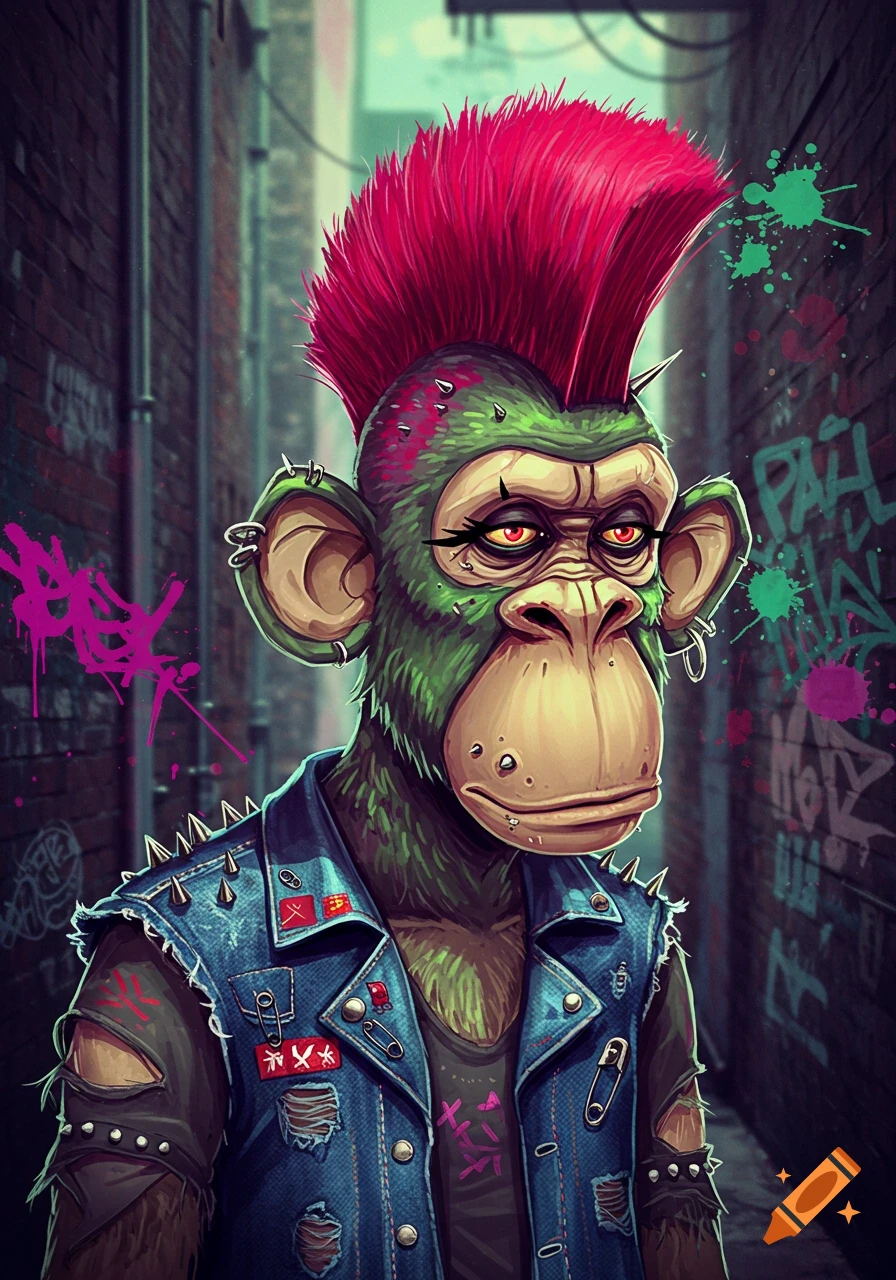 A cartoonish monkey in punk clothing stands in a graffiti-covered alley ...