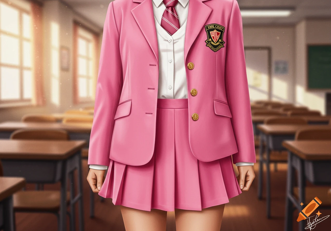 A person wearing a pink school uniform stands in a classroom. on Craiyon
