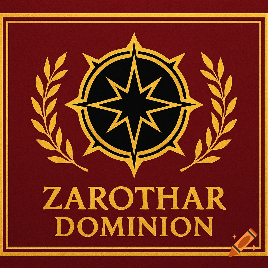Red and gold flag with a star symbol, laurel wreaths, and the text 'ZAROTHAR DOMINION' on Craiyon