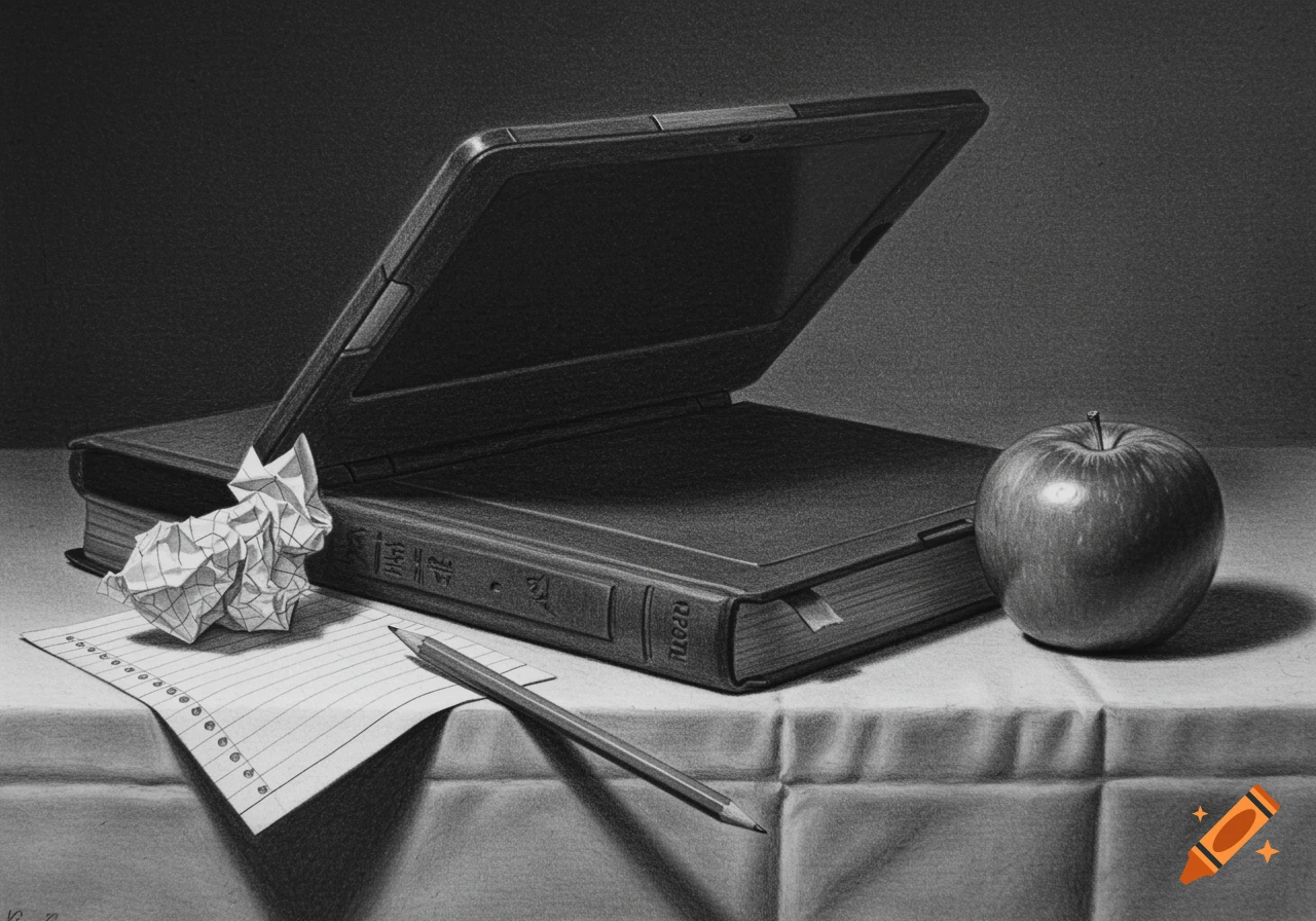 Graphite pencil drawing of a still life with a chromebook, book ...