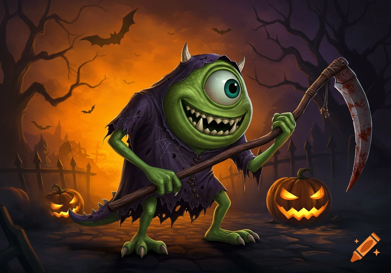 Mike Wazowski in a grim reaper costume holds a bloody scythe in a ...