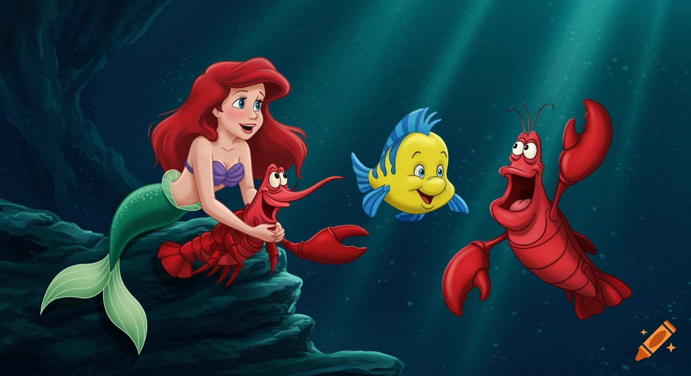 Ariel, Flounder, and a lobster Sebastian underwater in the style of ...