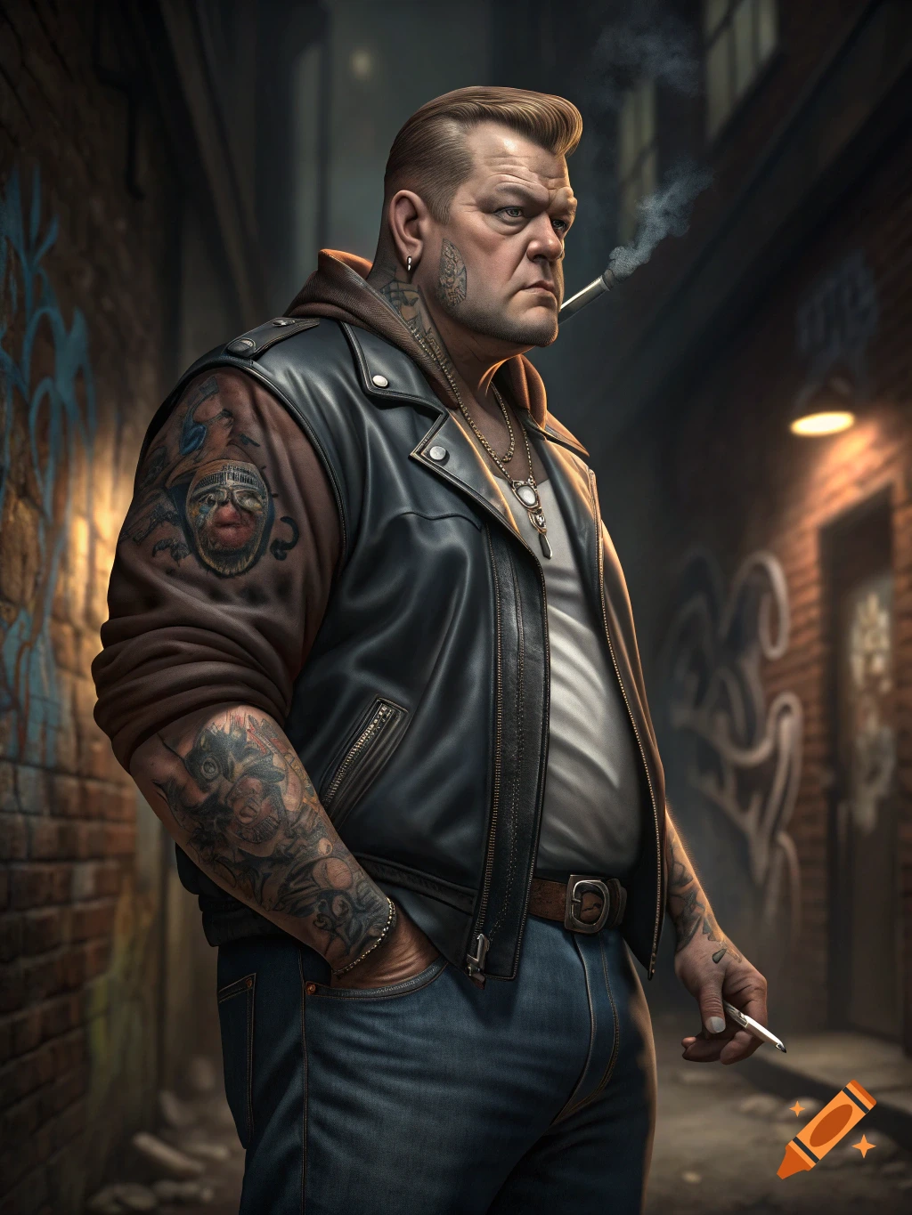 Heavily tattooed man in a leather vest and jeans, smoking a cigarette ...