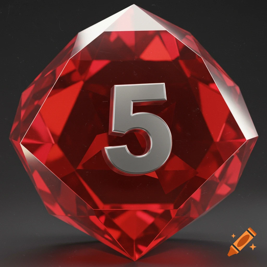 A 3D silver number 5 encased in a faceted red crystal. on Craiyon