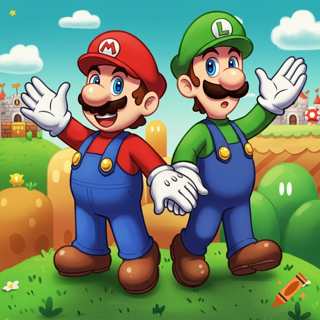 Cartoon illustration of Mario and Luigi waving in a video game ...